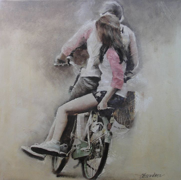 TALANTBEK CHEKIROV: Paar auf Fahrrad (Original) - Kunstgalerie ...